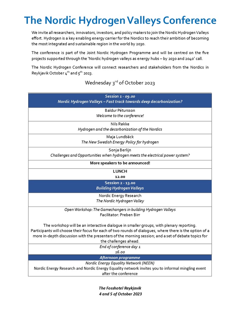 The Nordic Hydrogen Valleys Conference 2023 – Nordic Energy Research